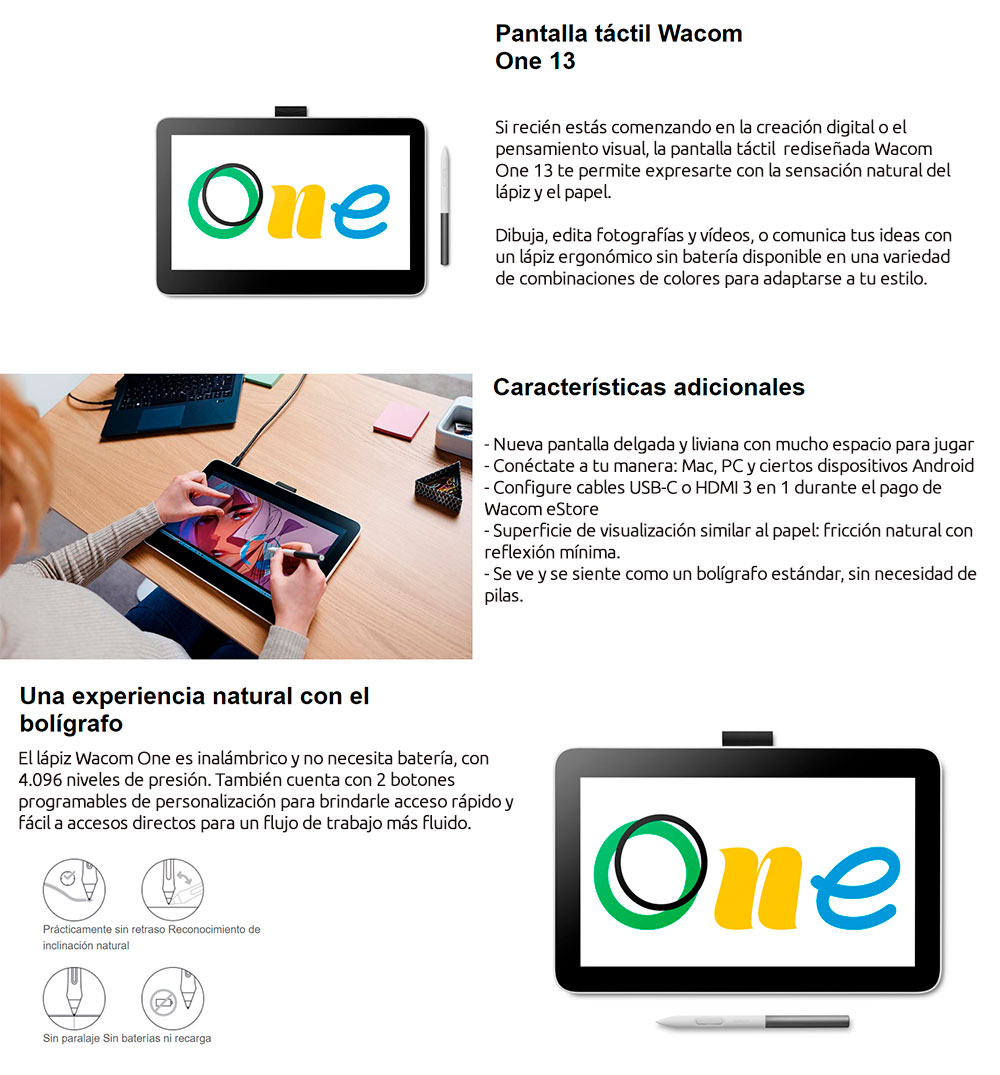 Wacom Tableta Digitalizadora One Pen Touch Display 13T Wacom USB-C Gen ...